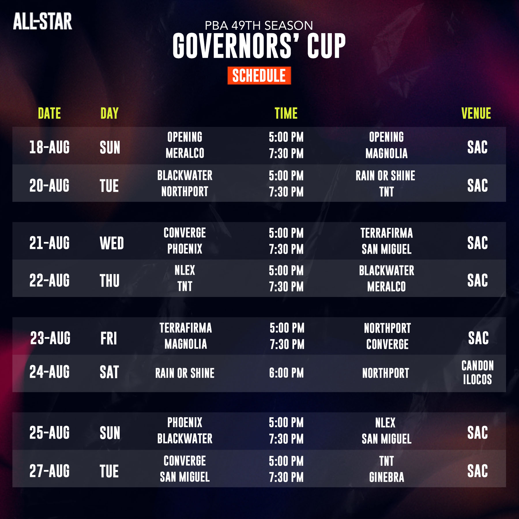 PBA SCHEDULE: 49th Season Governors’ Cup 2024-25