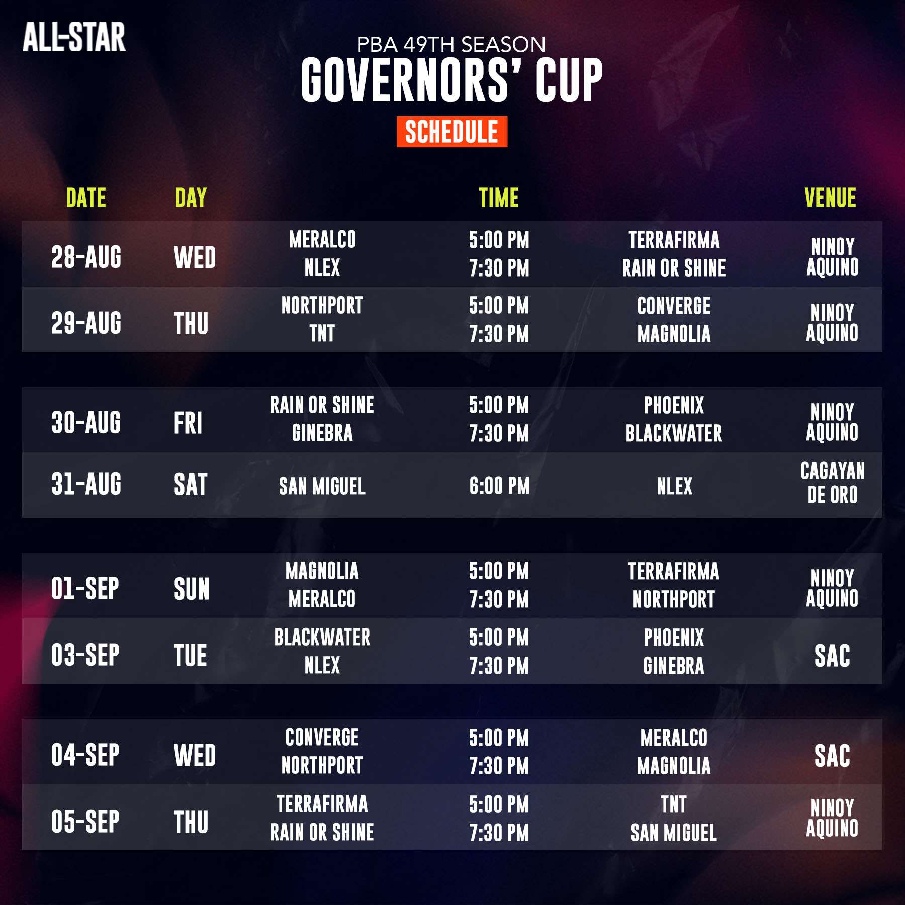 PBA SCHEDULE: 49th Season Governors’ Cup 2024-25