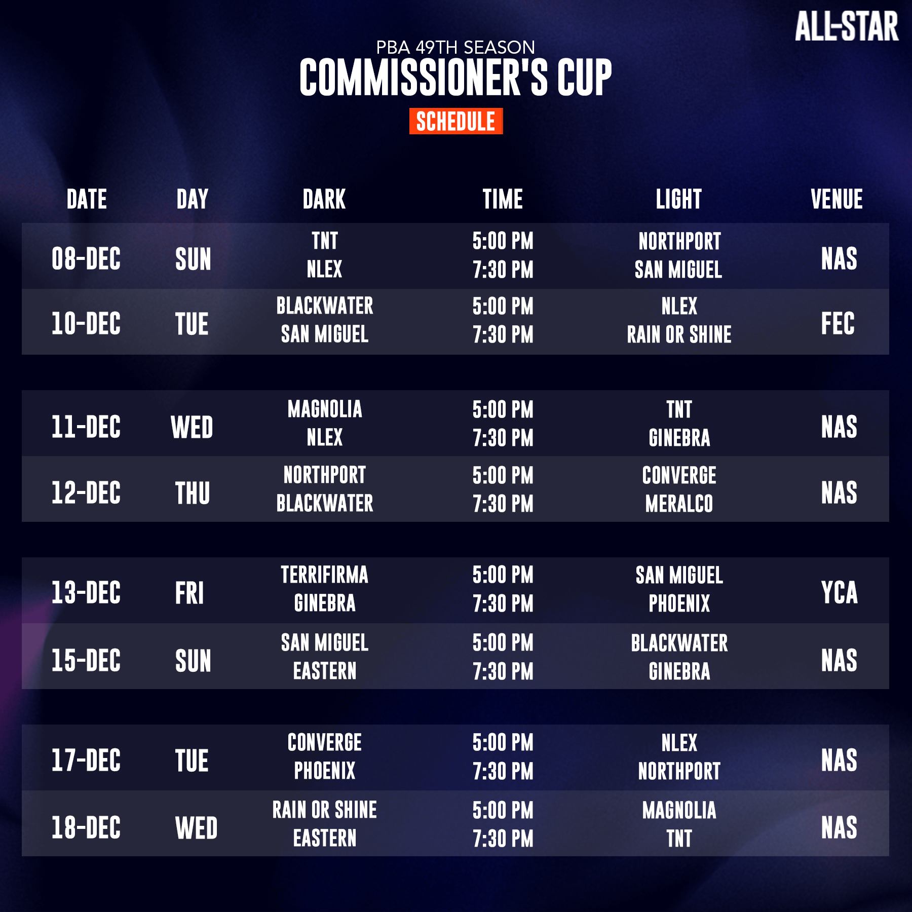 PBA Season 49: Commissioner's Cup Schedule - ALL-STAR